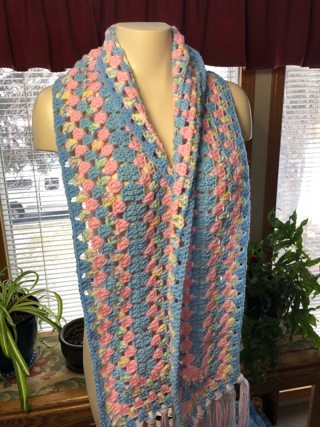 Rectangle Granny Square Pink and Blue Crochet Scarf - Etsy