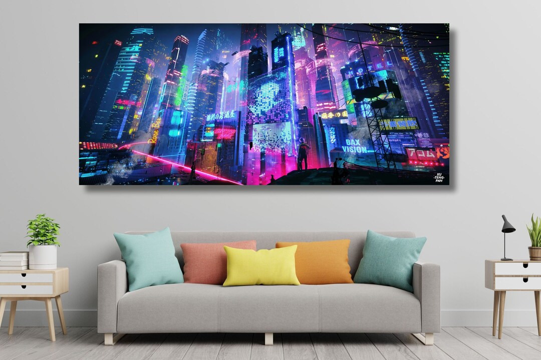 Cyberpunk City Neo Futuristic Canvas Poster, Wall Art, Wall Decor ...