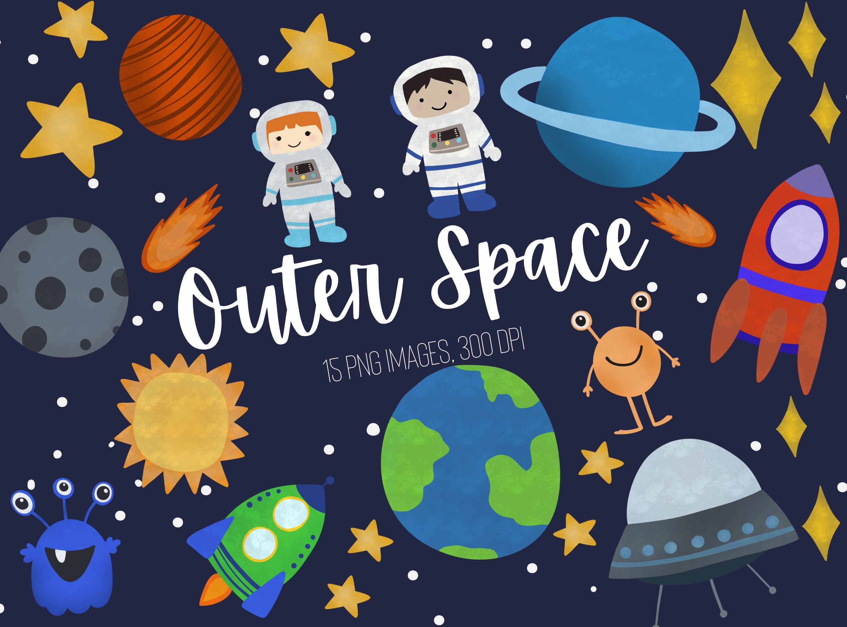 Outer Space Clipart Bundle, Watercolor, Aliens, Planets, Astronauts ...