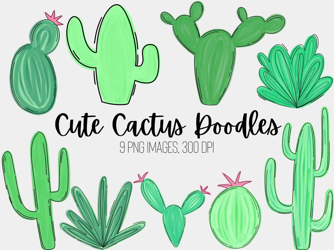 Cute Cactus Clipart, Doodle Art, Girly Cactus, Hand Drawn Clipart, Png ...
