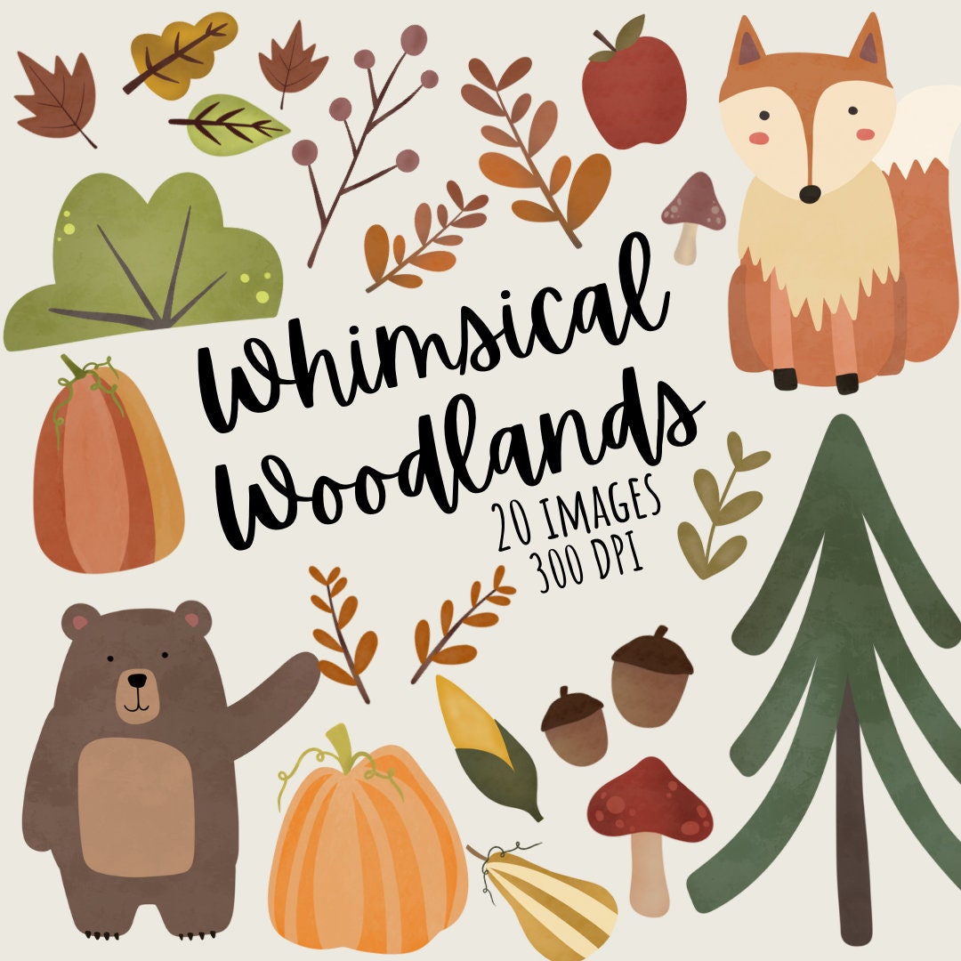 Whimsical Autumn Woodland Clipart Hand Drawn Clipart Watercolor ...