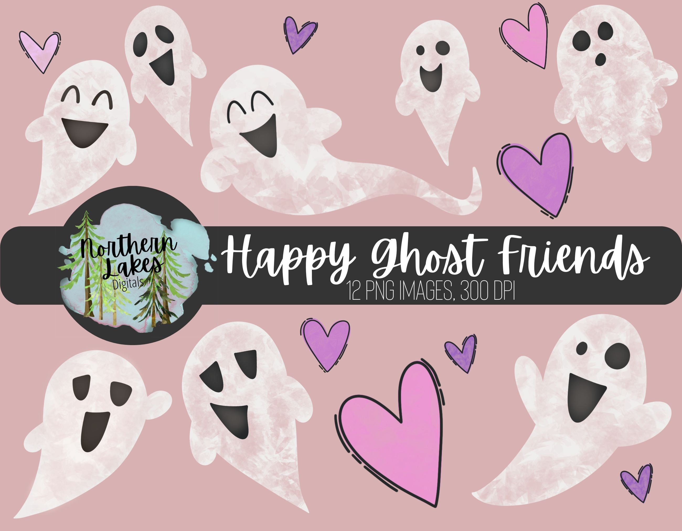 Happy Smiley Ghosts Clipart, Digital Art, Halloween Clipart, Spooky ...