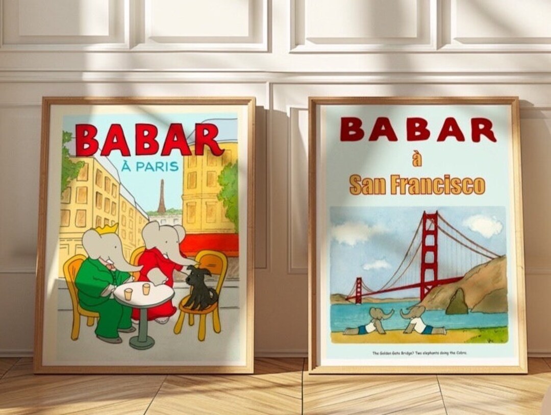 Babar the Elephant Set of 2 Nursery Wall Art Retro Kids Decor Quote ...