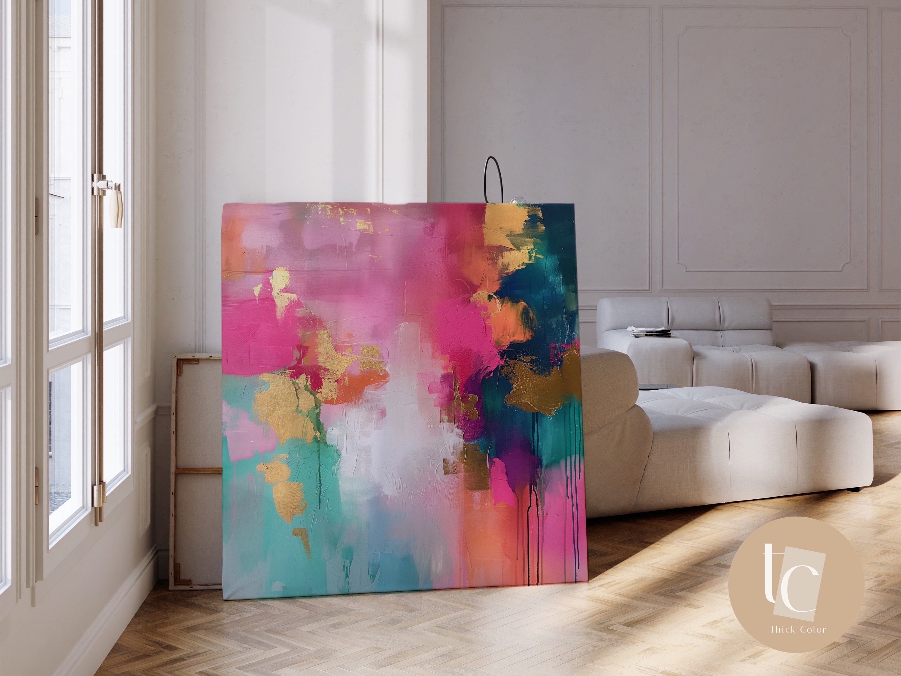 Bright Pink Teal Vivid and Colourful Abstract Print, Funky Multicolour ...