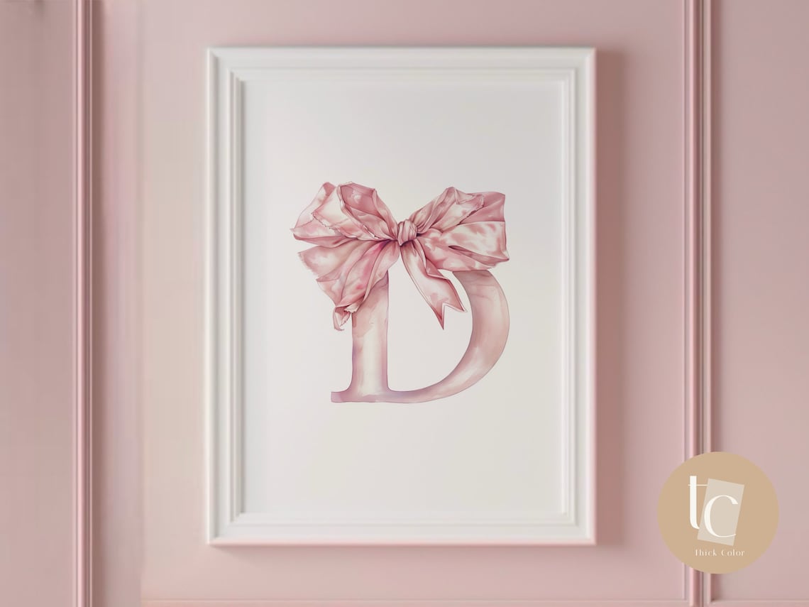 Baby Initial Pink D Watercolor Nursery Vintage Bow Print, Bow Ribbon ...