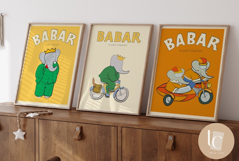 Babar the Elephant Baguette Bicycle Nursery Wall Art Retro Kids Decor ...