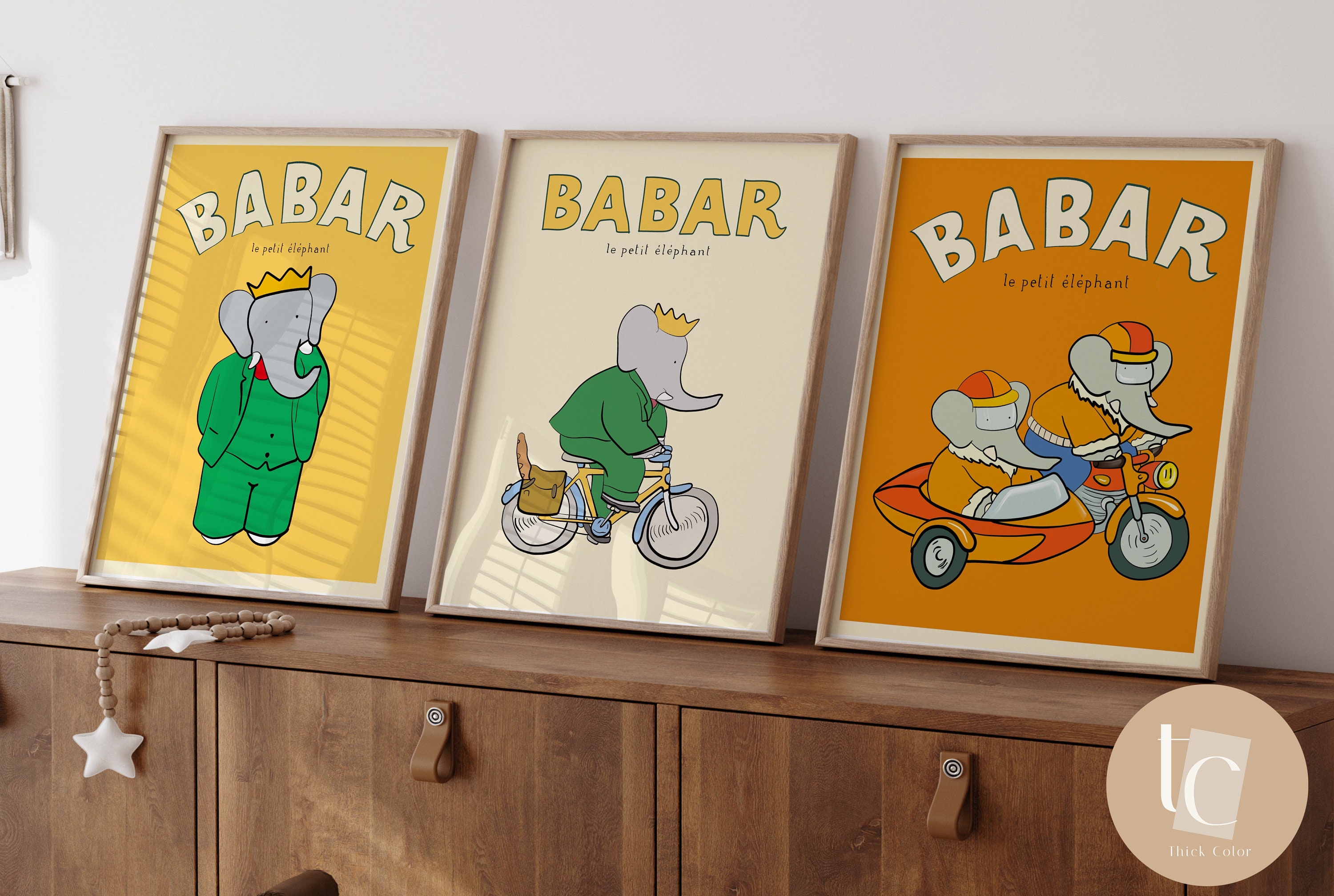 Babar the Elephant Baguette Bicycle Nursery Wall Art Retro Kids Decor ...