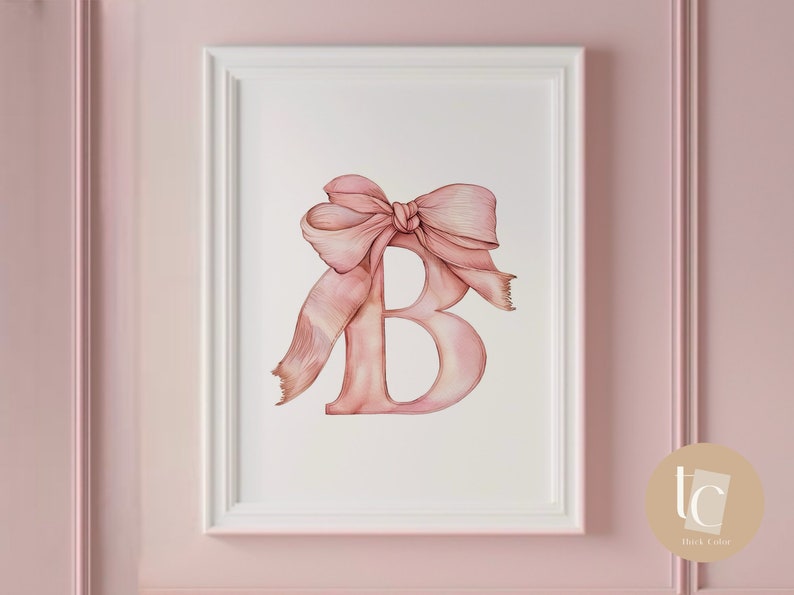 Baby Initial Pink B Watercolor Nursery Vintage Bow Print, Bow Ribbon ...