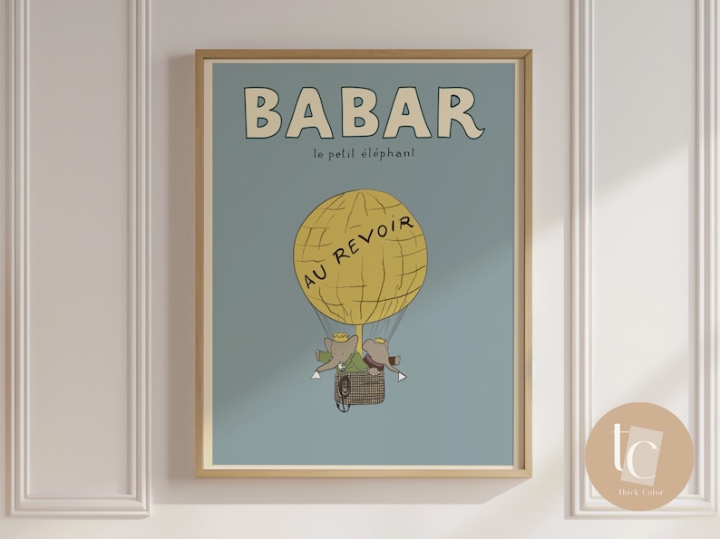 Babar the Elephant Hot Air Balloon Nursery Wall Art Retro Kids Decor ...