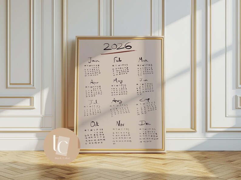 2026 Wall Calendar: Handwritten Yearly Calendar Unique Print - Etsy