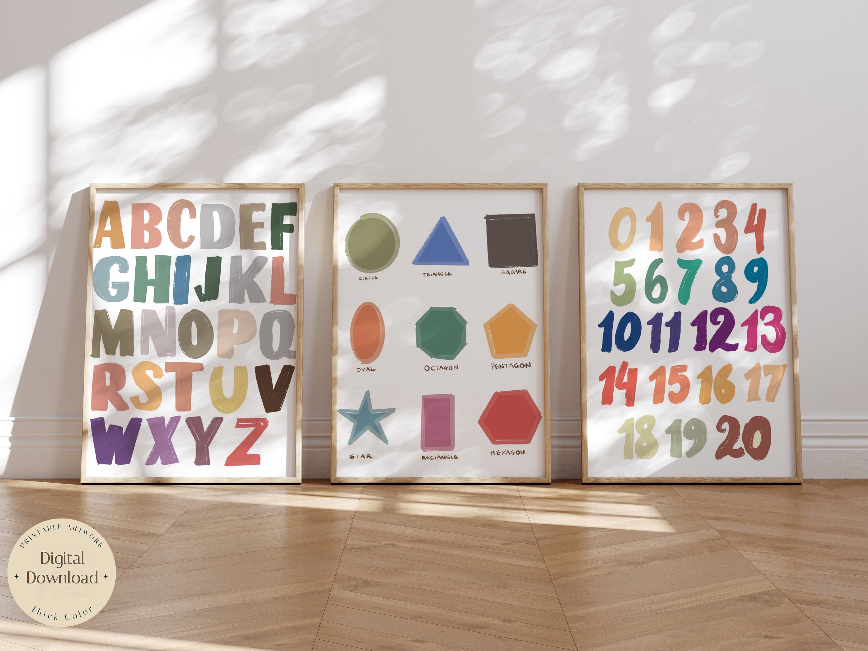 Retro Alphabet, Shapes, Numbers Poster Set - Nursery Wall Art (digital ...