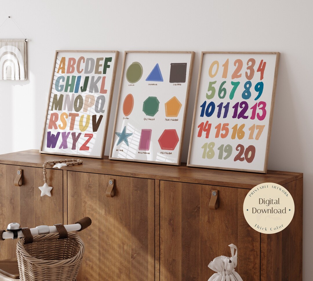 Alphabet Poster Set of 3 Shapes and Numbers ABC Poster Nursery Wall Art ...