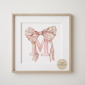 Baby Initial M Watercolor Nursery Vintage Bow Print, Bow Ribbon Wall ...