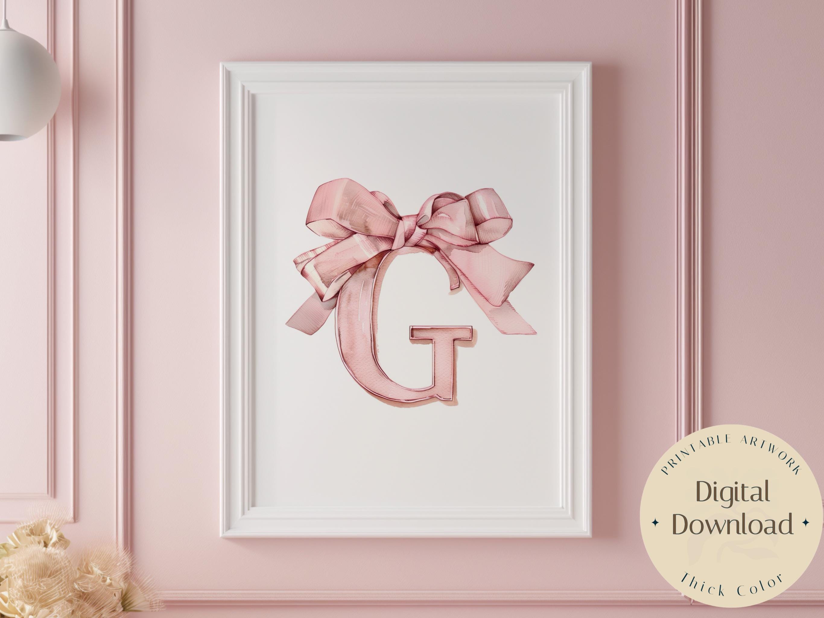 Baby Initial Pink G Watercolor Nursery Vintage Bow Print, Bow Ribbon ...