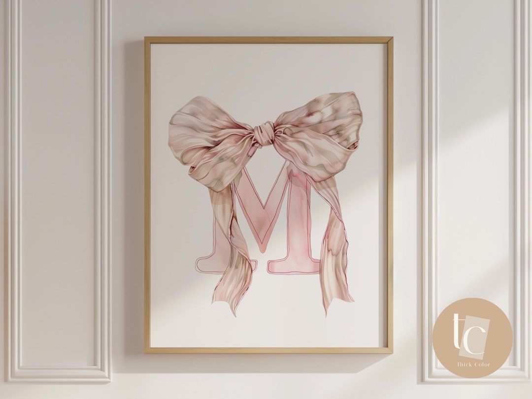 Baby Initial Pink M Watercolor Nursery Vintage Bow Print, Bow Ribbon ...