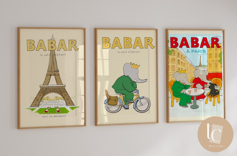 Babar the Elephant Baguette Bicycle Nursery Wall Art Retro Kids Decor ...