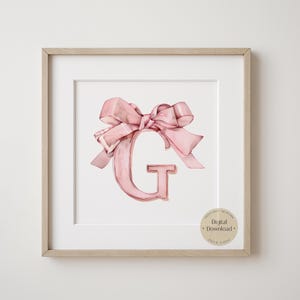 Baby Initial Pink G Watercolor Nursery Vintage Bow Print, Bow Ribbon ...