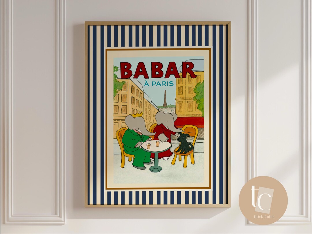 Babar the Elephant in Paris Cafe Wall Art Retro Kids Decor Quote Wall ...