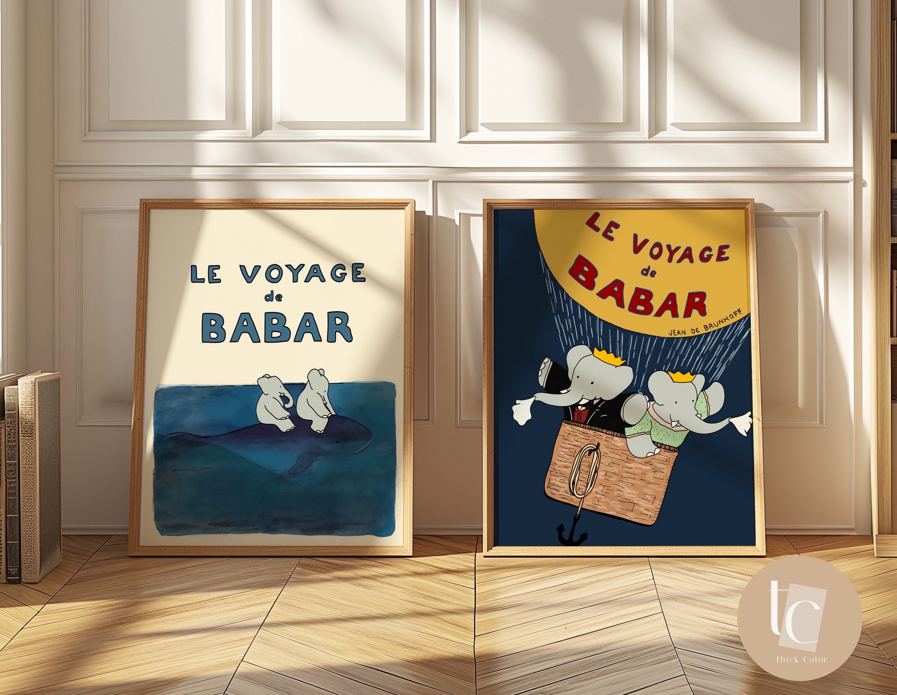 Babar the Elephant Sailing on a Whale Nursery Wall Art Retro Kids Decor ...