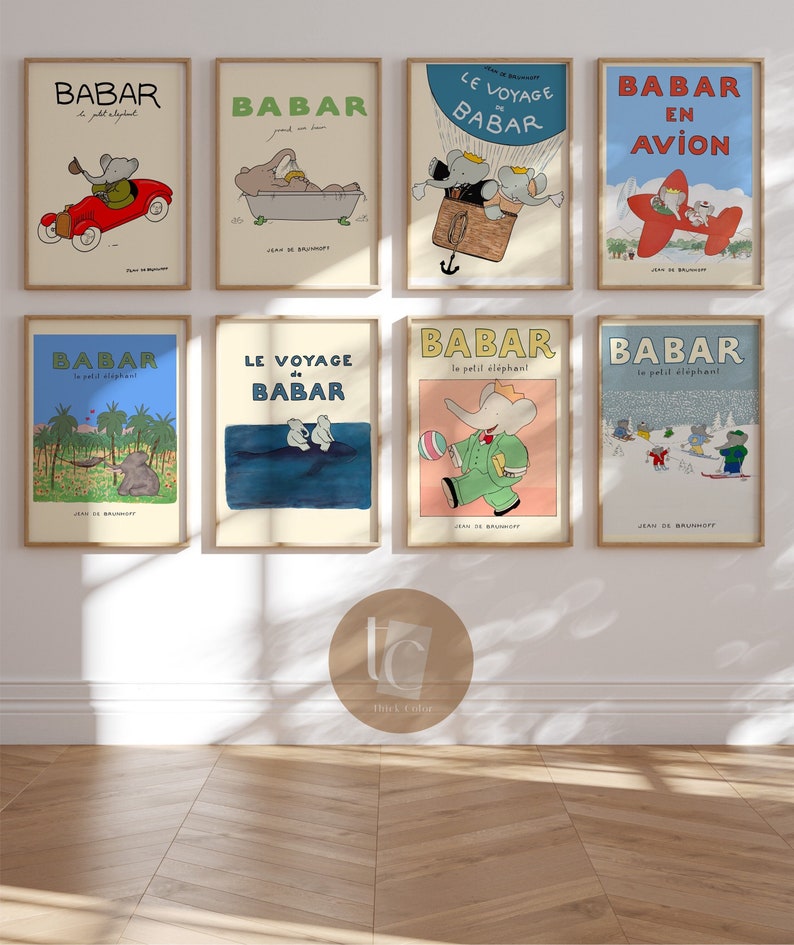 Babar the Elephant Set of 8 Le Voyag De Babar Nursery Wall Art Retro ...