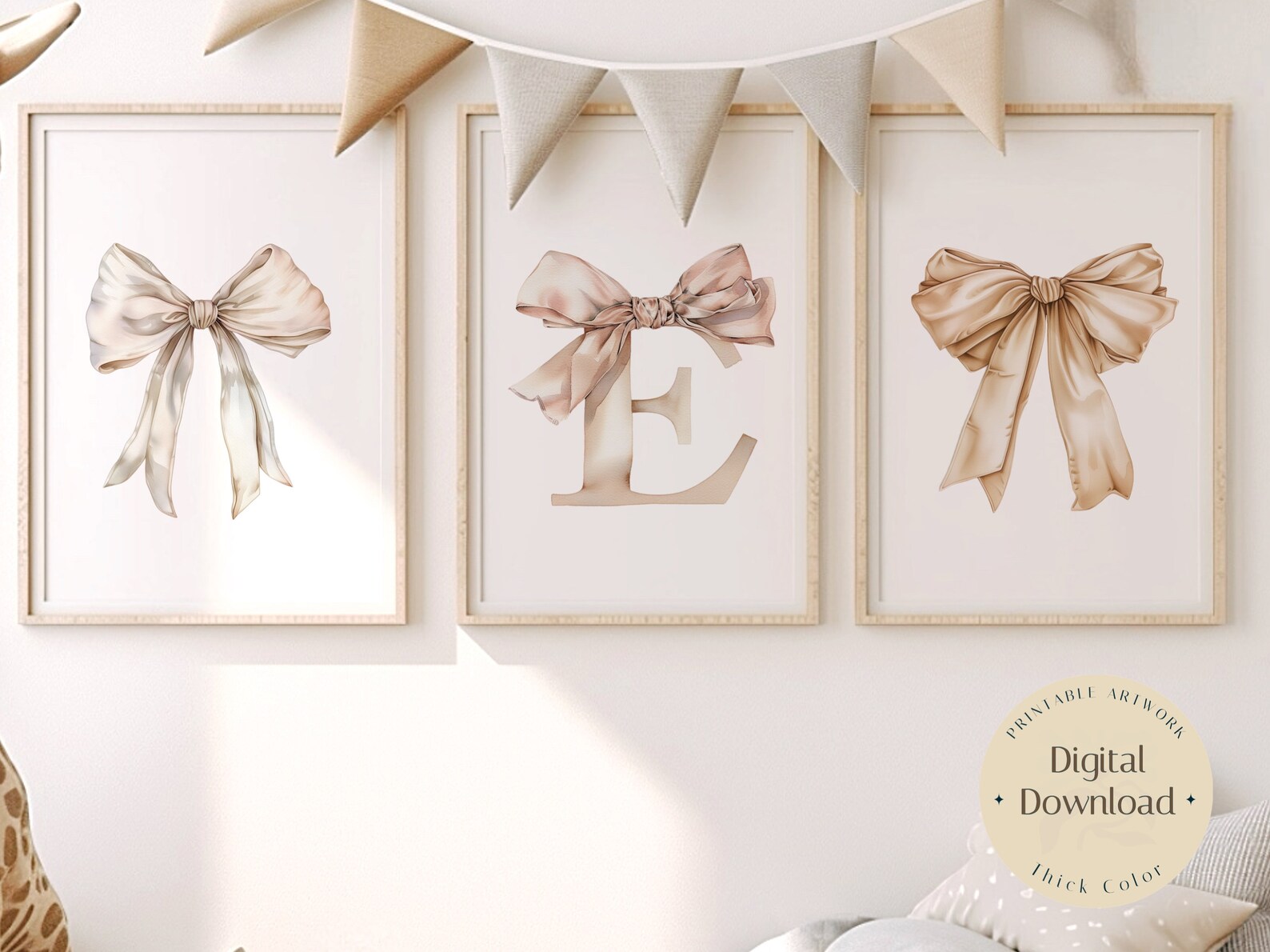 Baby Initial E Watercolor Nursery Vintage Bow Print, Bow Ribbon Wall ...