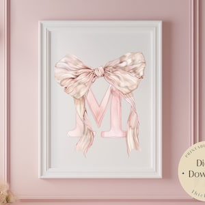 Baby Initial M Watercolor Nursery Vintage Bow Print, Bow Ribbon Wall ...