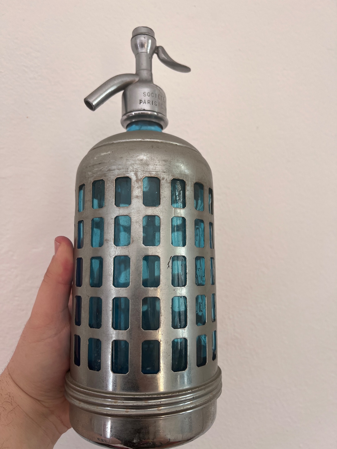 Antique Blue Glass Siphon and Metal Cage, France, 1920s, Vintage ...