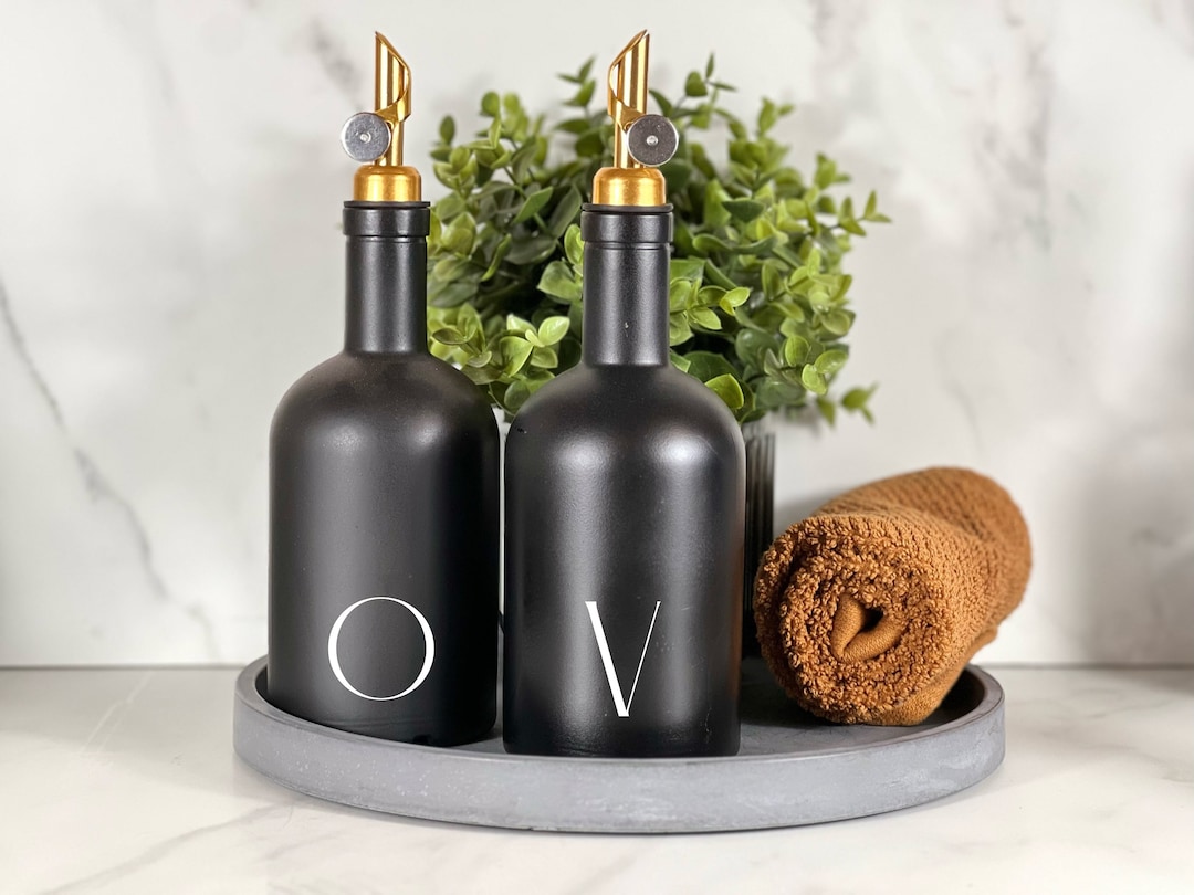 Oil and Vinegar Dispenser Set Black Glass Bottles Weighted - Etsy