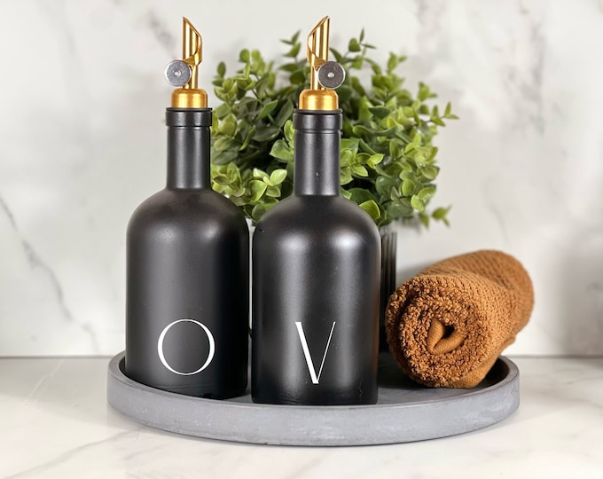 Oil and Vinegar Dispenser Set Black Glass Bottles | Weighted Gold ...