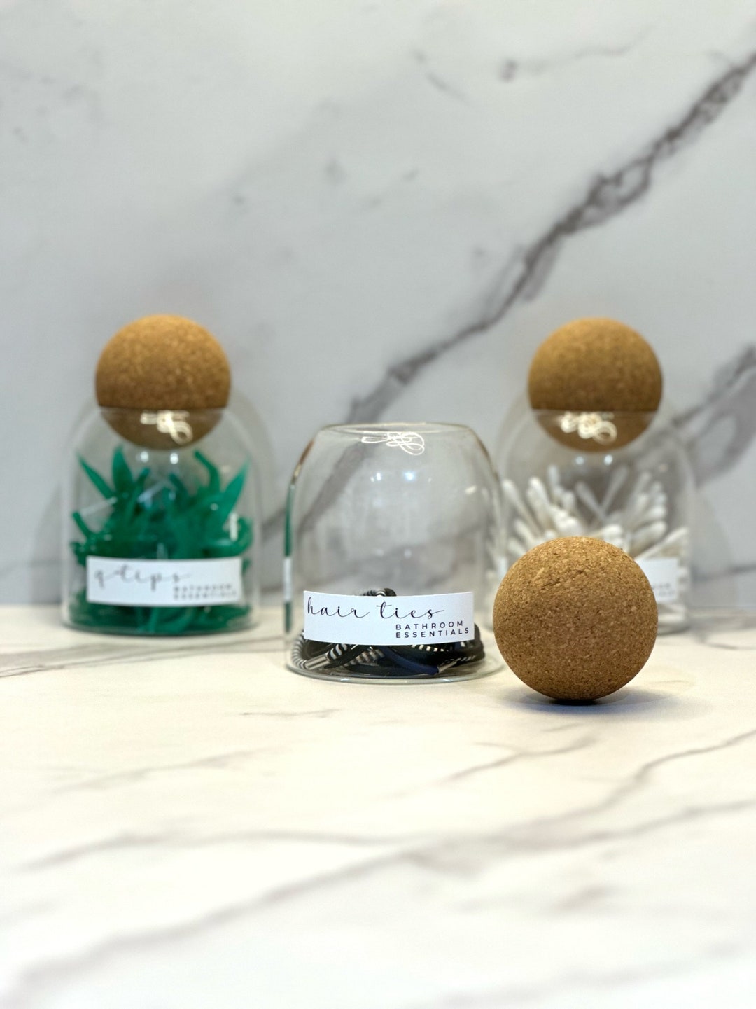Bathroom Glass Canister Jar Set With Cork Ball Top and Custom - Etsy