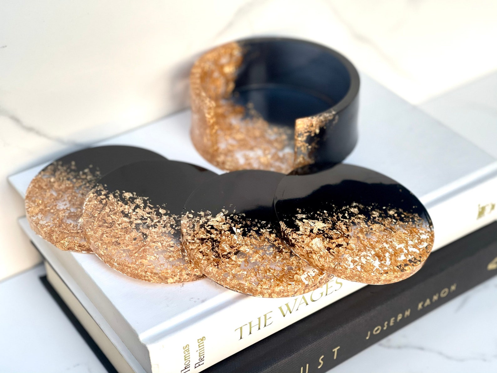 Black and Gold Resin Coasters With Holder Set of 4 Round - Etsy