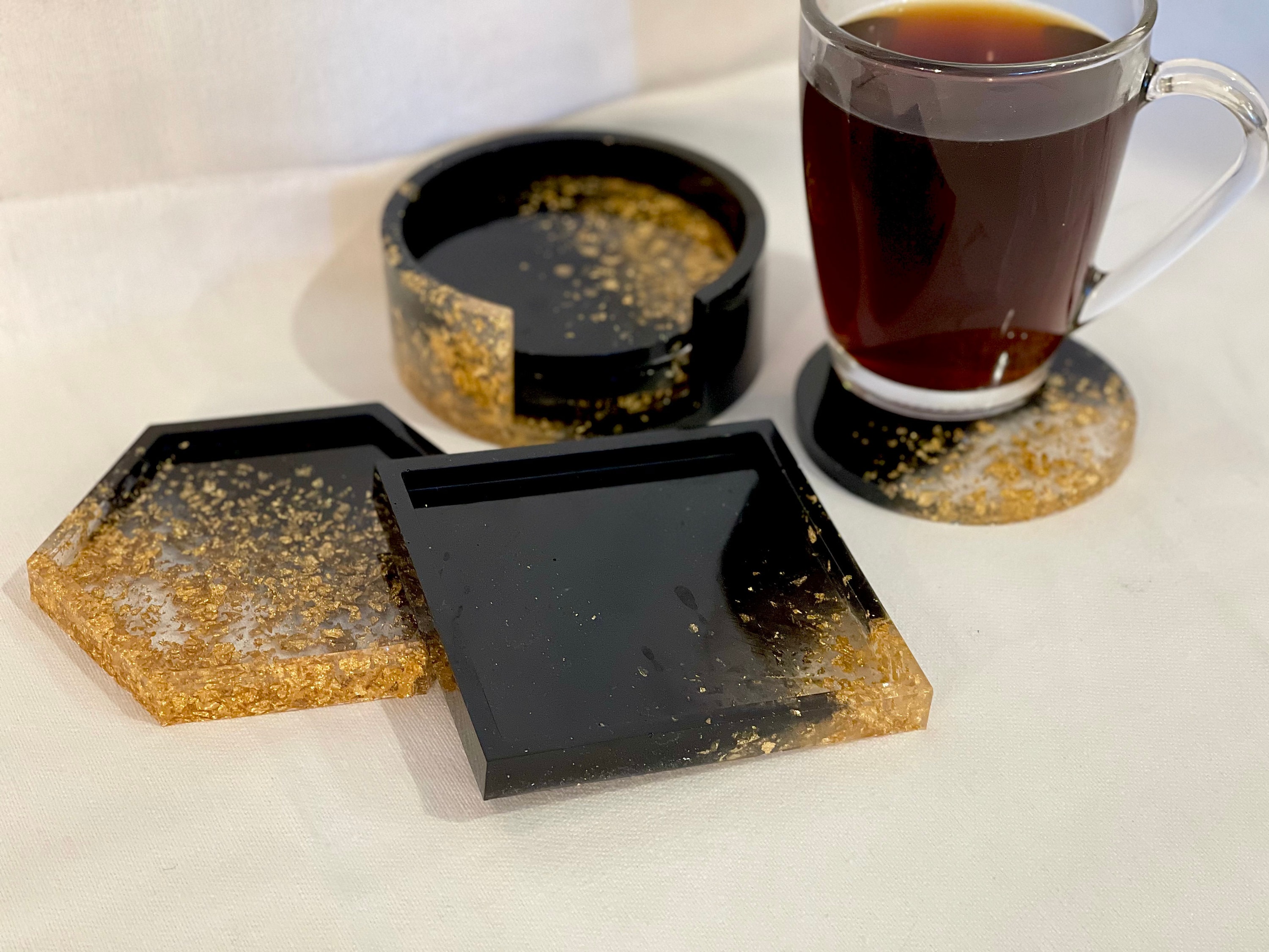 Black and Gold Resin Coasters With Holder Set of 4 Round - Etsy