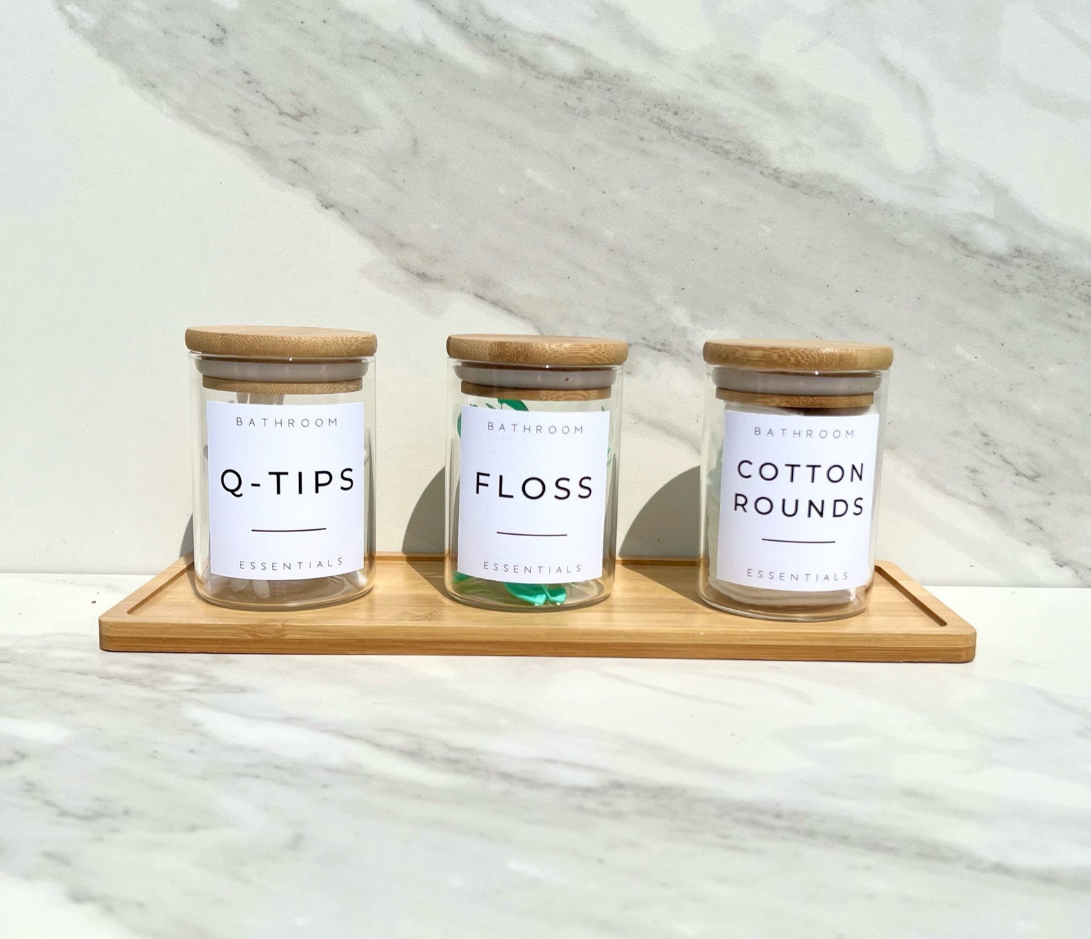 Custom Labeled Bathroom Glass Canisters With Bamboo Tray - Etsy