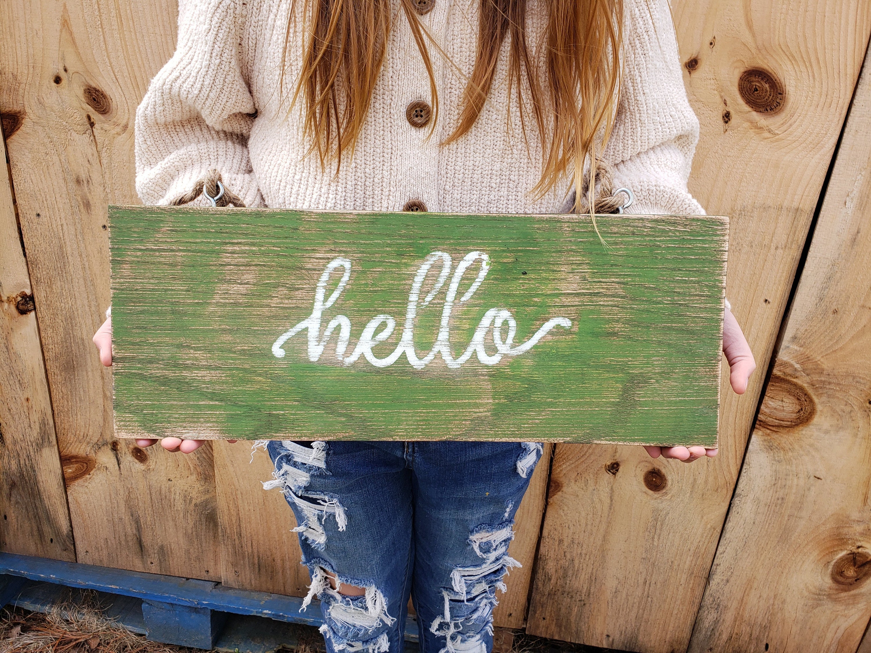 Hello Green Rustic Sign Hello Green Farmhouse Sign Hello - Etsy España