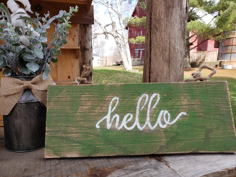 Hello Green Rustic Sign, Hello Green Farmhouse Sign, Hello Sign, Front ...