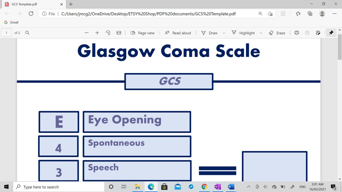 Glasgow Coma Scale GCS Template - Etsy