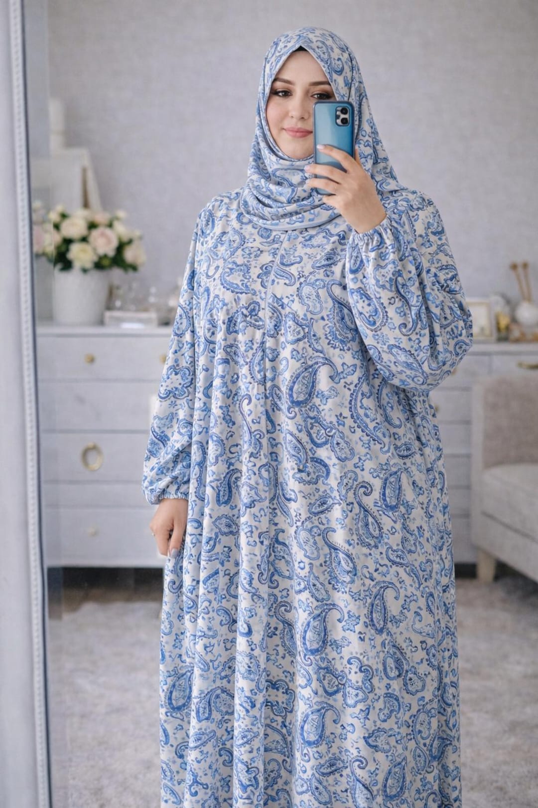 Floral Cotton Prayer Dress With Attached Scarf, Islamic One Piece ...