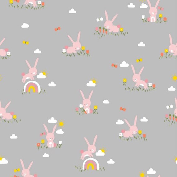 Cute Rabbits and Rainbows on Grey 100% Cotton Fabric | Etsy