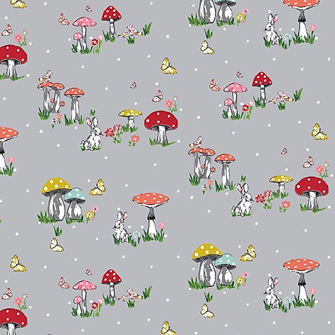 Forest Mushroom & Rabbits Grey 100% Cotton Fabric by the Half - Etsy
