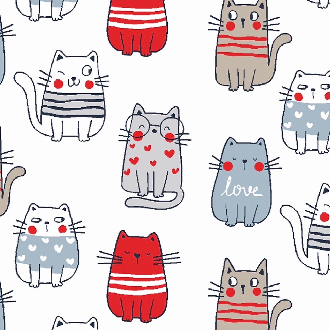 Grey and Red Cute Cats Fabric, 100% Quilting Cotton, Sold by the Half ...
