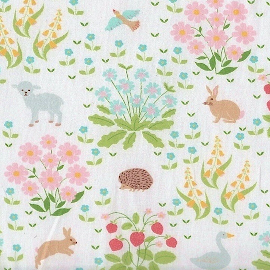 Spring Garden Fabric, Cute Animals and Flowers, 100% Cotton, by the ...