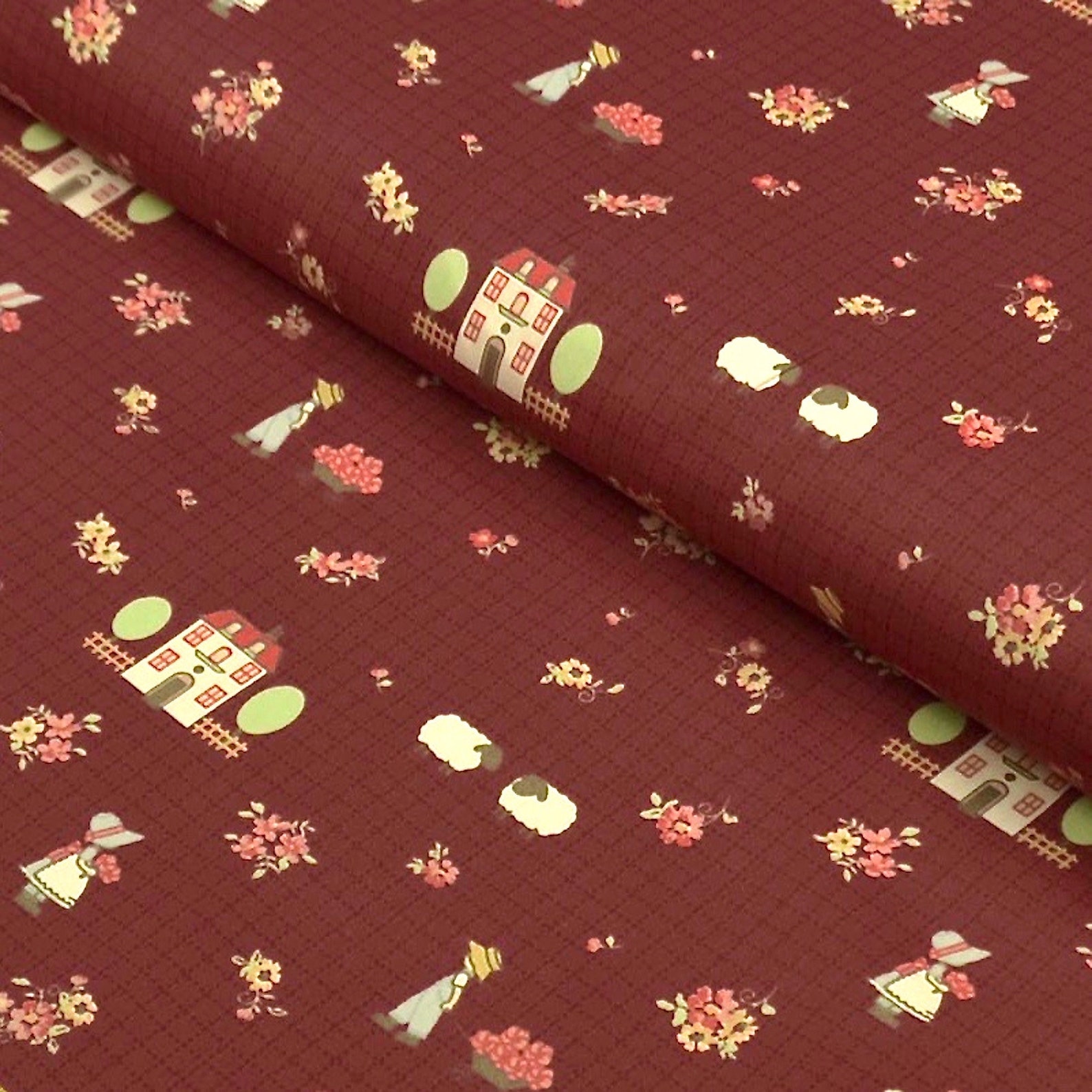 Farm Countryside Wine Red Cotton Fabric Sold by the Half - Etsy