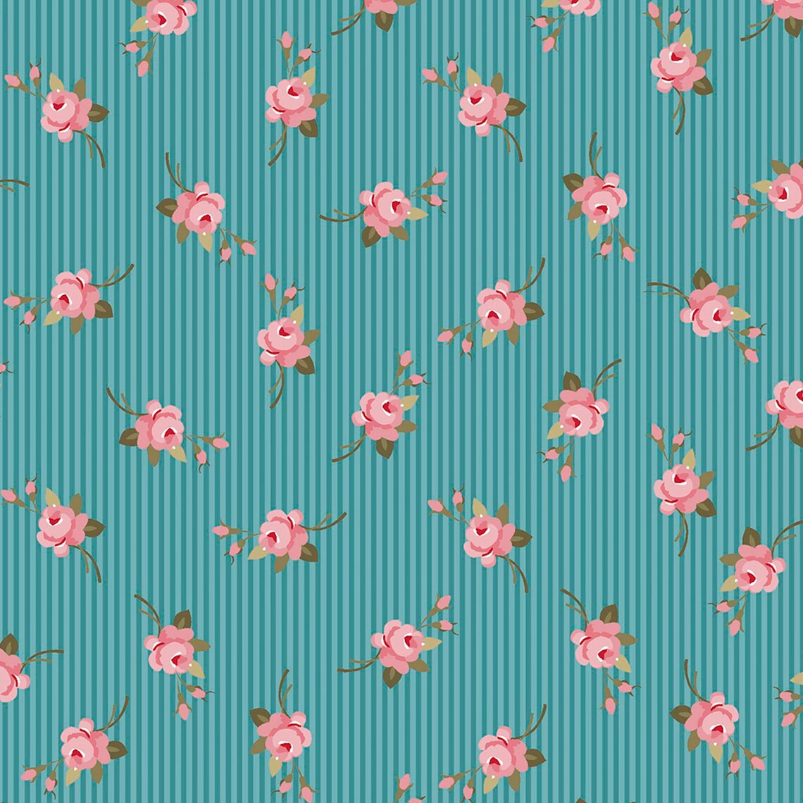 Pink Rose Bud on Blue Stripes Floral Fabric by the Half - Etsy