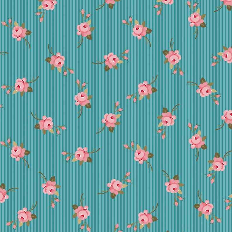 Pink Rose Bud on Blue Stripes Floral Fabric by the Half - Etsy