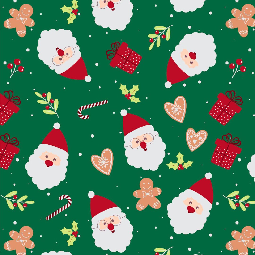 Santa Claus Faces Cotton Fabric, Christmas Themed Fabric, Sold by the ...