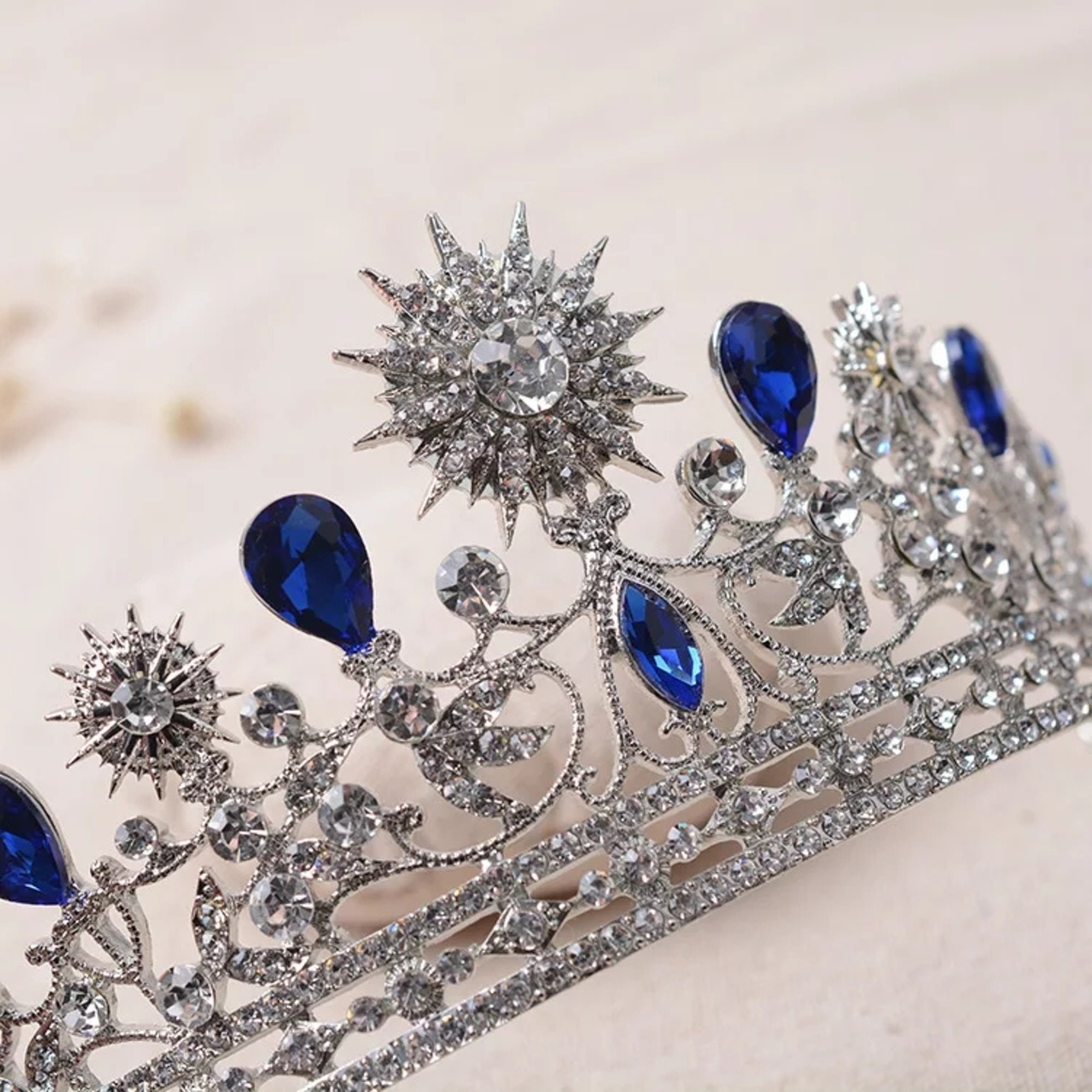 Blue Rhinetone Bridal Wedding Crown Women Tiara Floral | Etsy