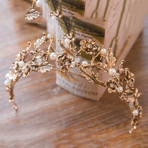 Gold Leaf Crown Bridal Pearl Tiara Wedding Pearl Crown Bridal - Etsy