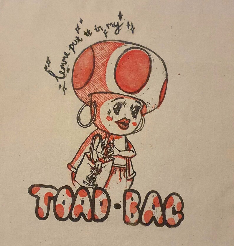 Toad Bag Novelty Yassified Mario Toad Inspired Lino Print - Etsy