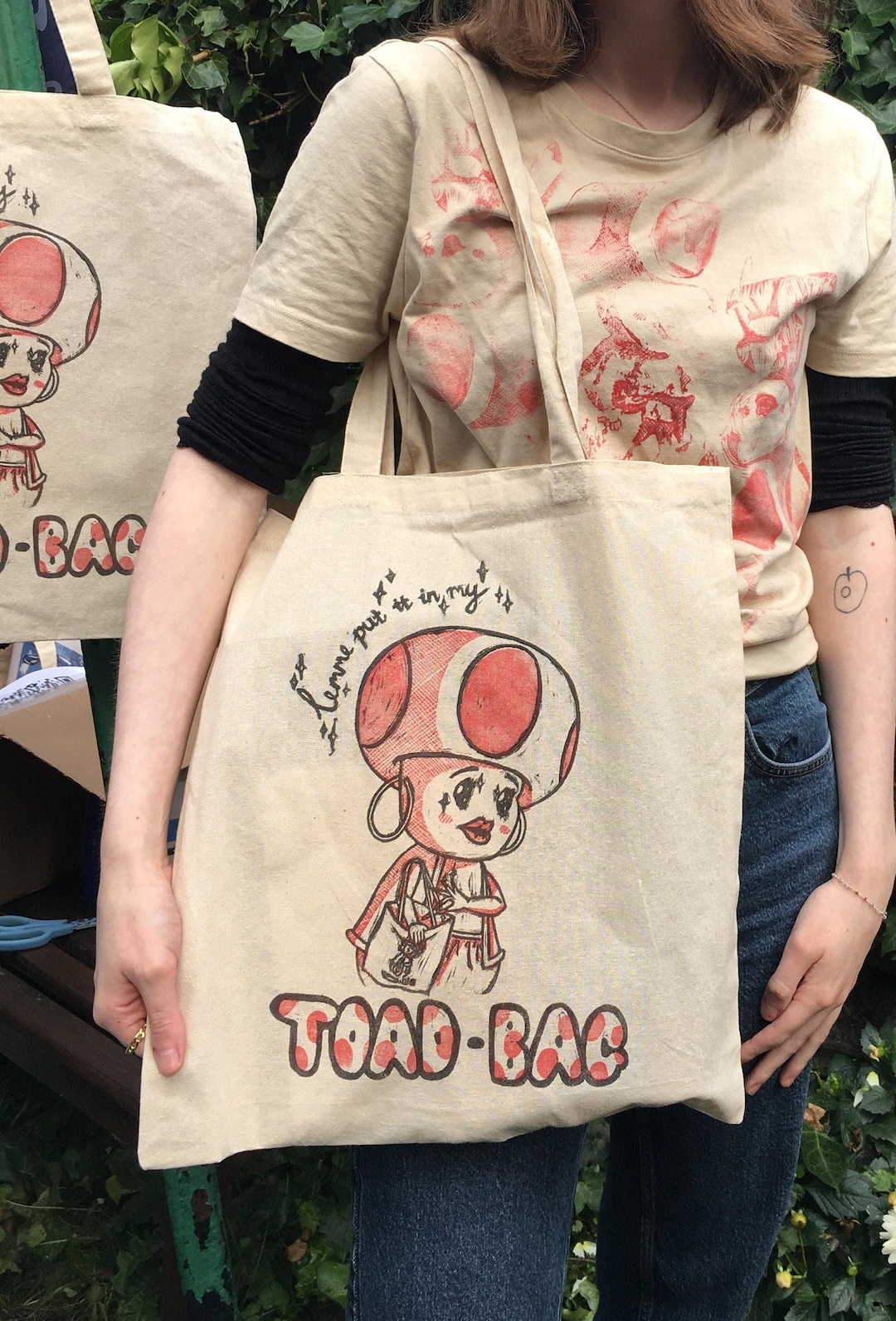 Toad Bag, Novelty Yassified Mario Toad Inspired Lino Print Tote Bag Pun ...