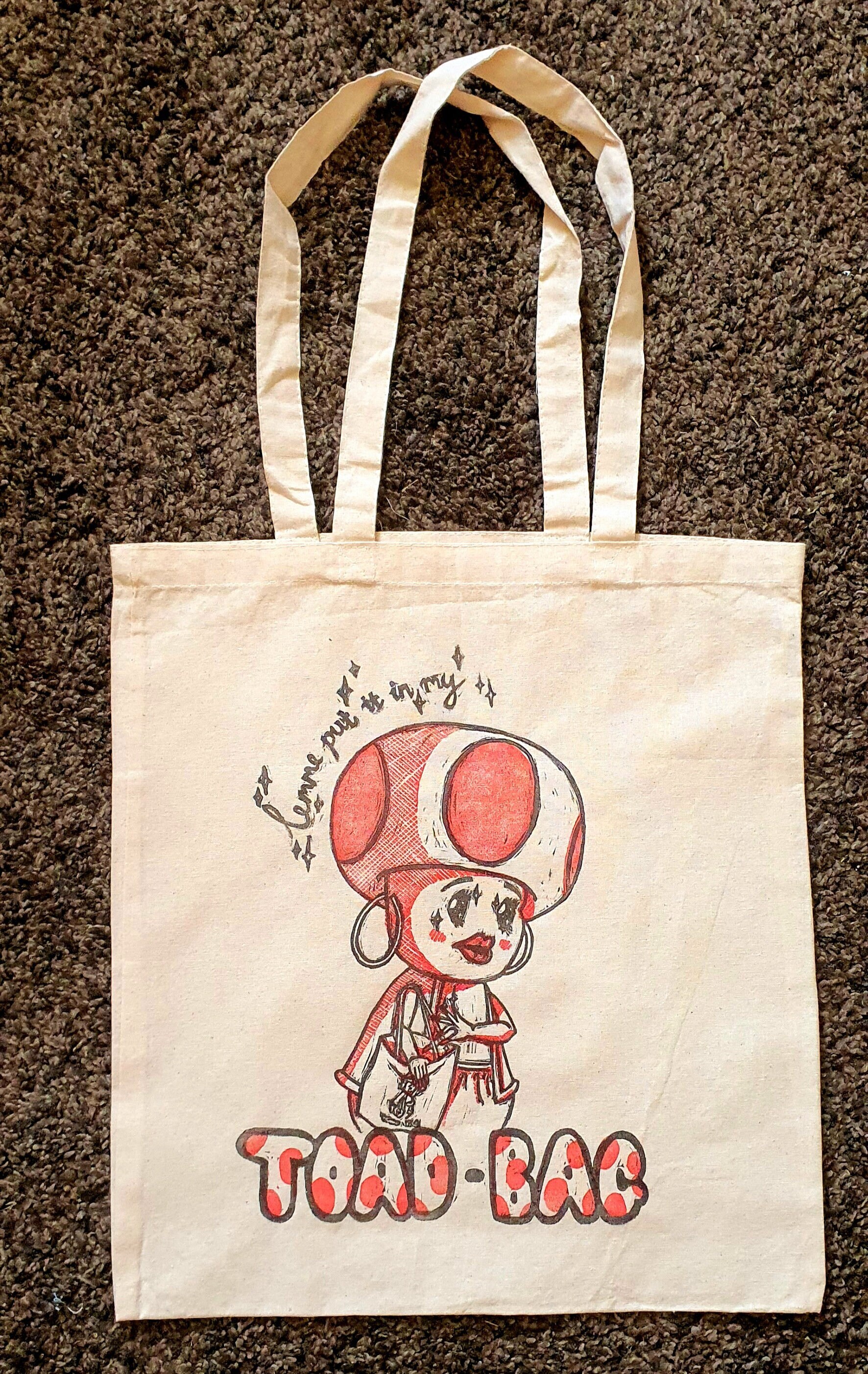 Toad Bag, Novelty Yassified Mario Toad Inspired Lino Print Tote Bag Pun ...